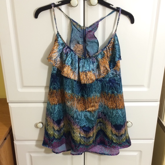 Tops | Colorful Print Pattern Ruffle Flowy Tank Top | Poshmark
